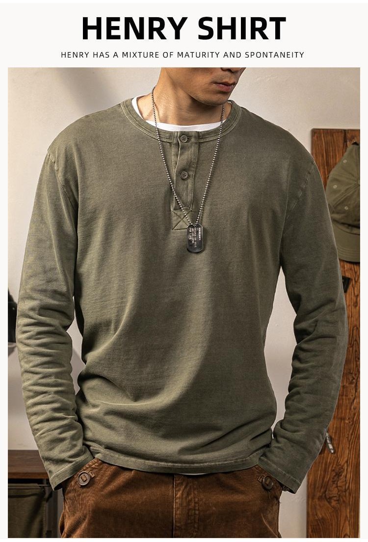 Large Size Henry Shirt Men's Long-Sleeved T-Shirt American Retro Loose ...