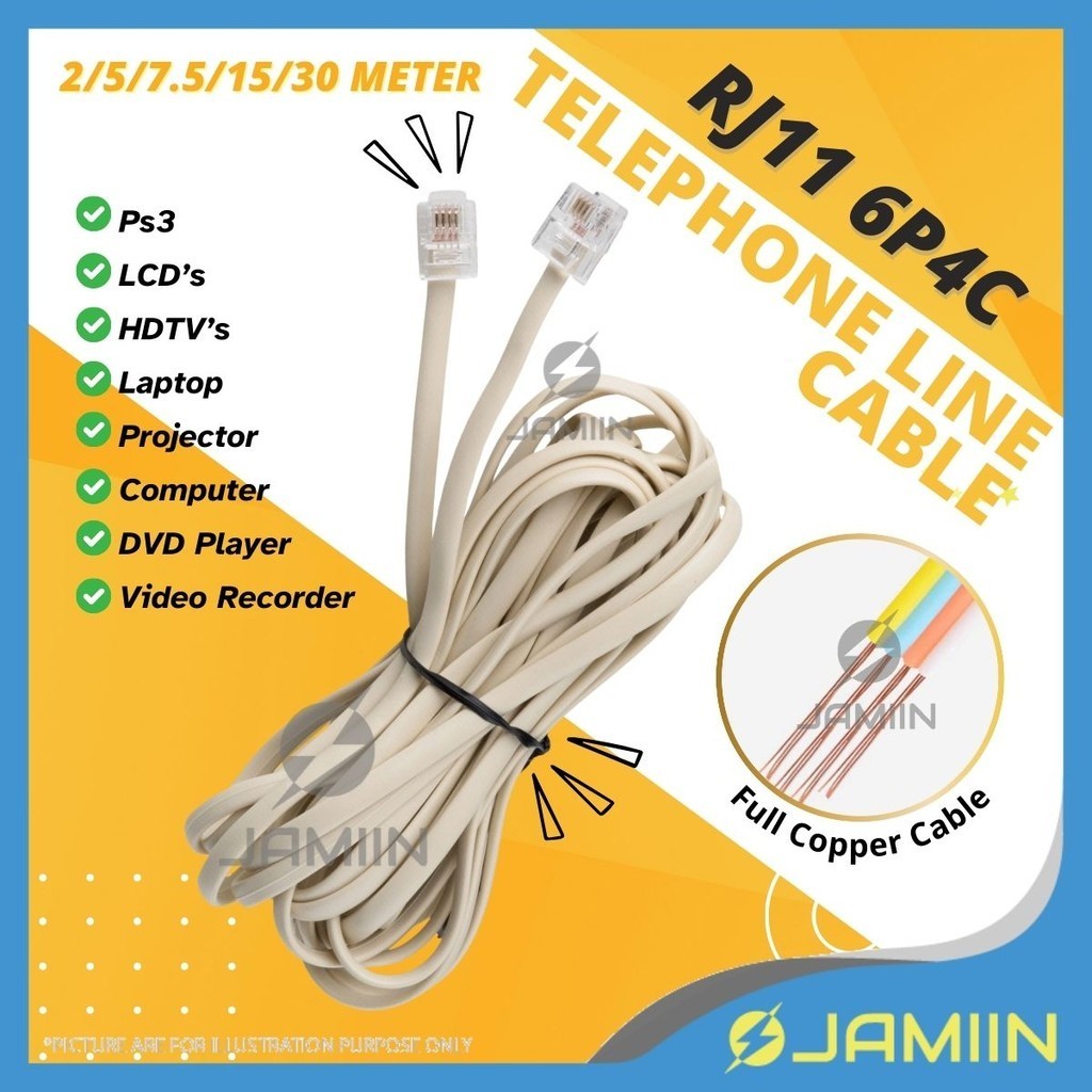 6P4C RJ11 TELEPHONE CABLE PIN TO PIN Line Extension Cord Cable Pure ...