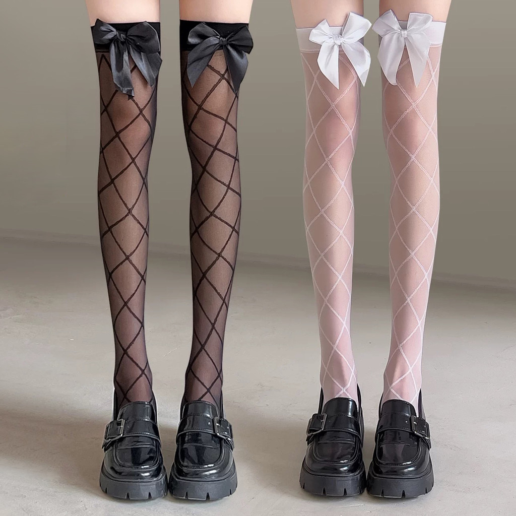 Retro Y2k Diamond Grid Knee High Stockings - Sexy Bowknot Grid Ultra ...