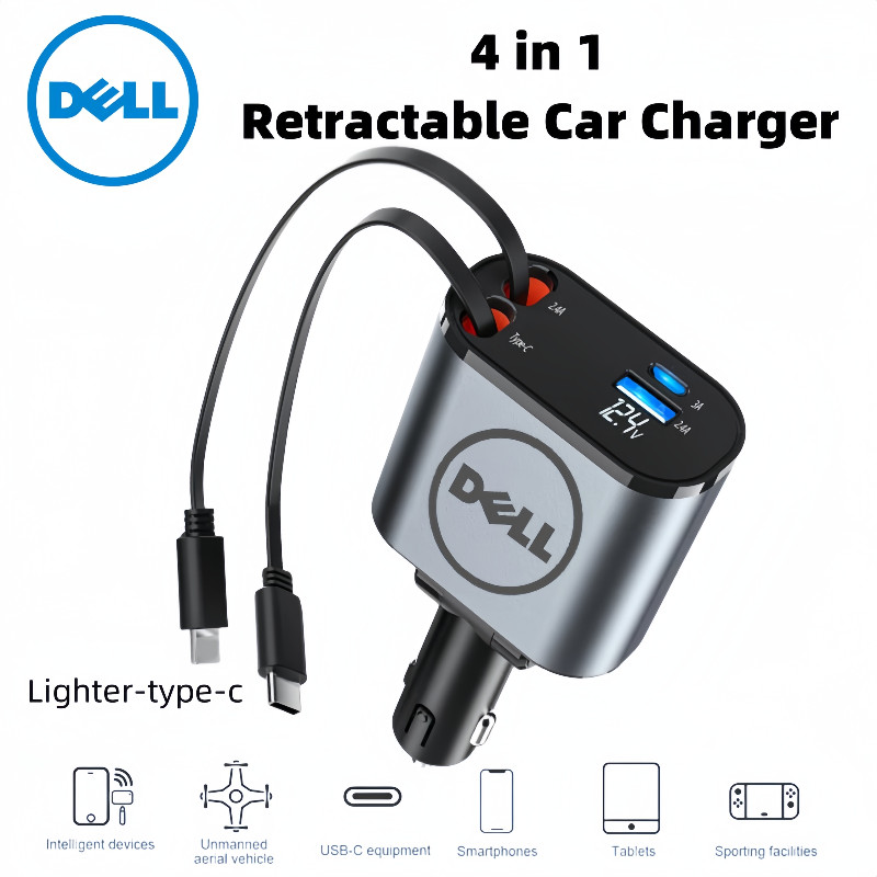 (Ready Stock/COD) Dell 4-in-1 100W Fast Car Charger Retractable Car ...