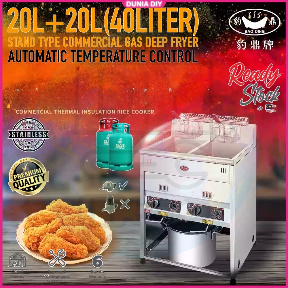 20L Dual Tank Commercial Gas Deep Fryer Machine Stand Type Automatic Temperature Control Dapur ...