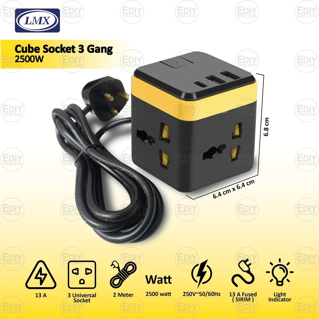 LMX USB-C & USB-A 3 Gang Power Cube Multi Socket Surge Protection 2M ...