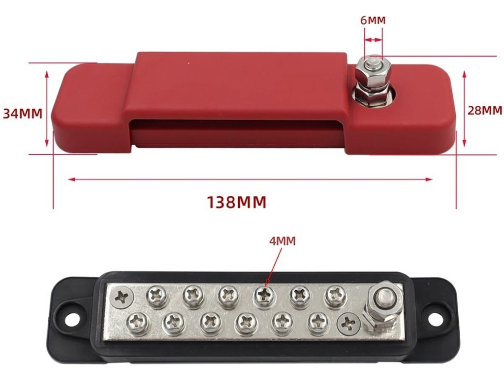 12 Terminal Distribution Block Bus Bar DC 48V 12P Wiring Bars Busbar with Covers + Ring ...