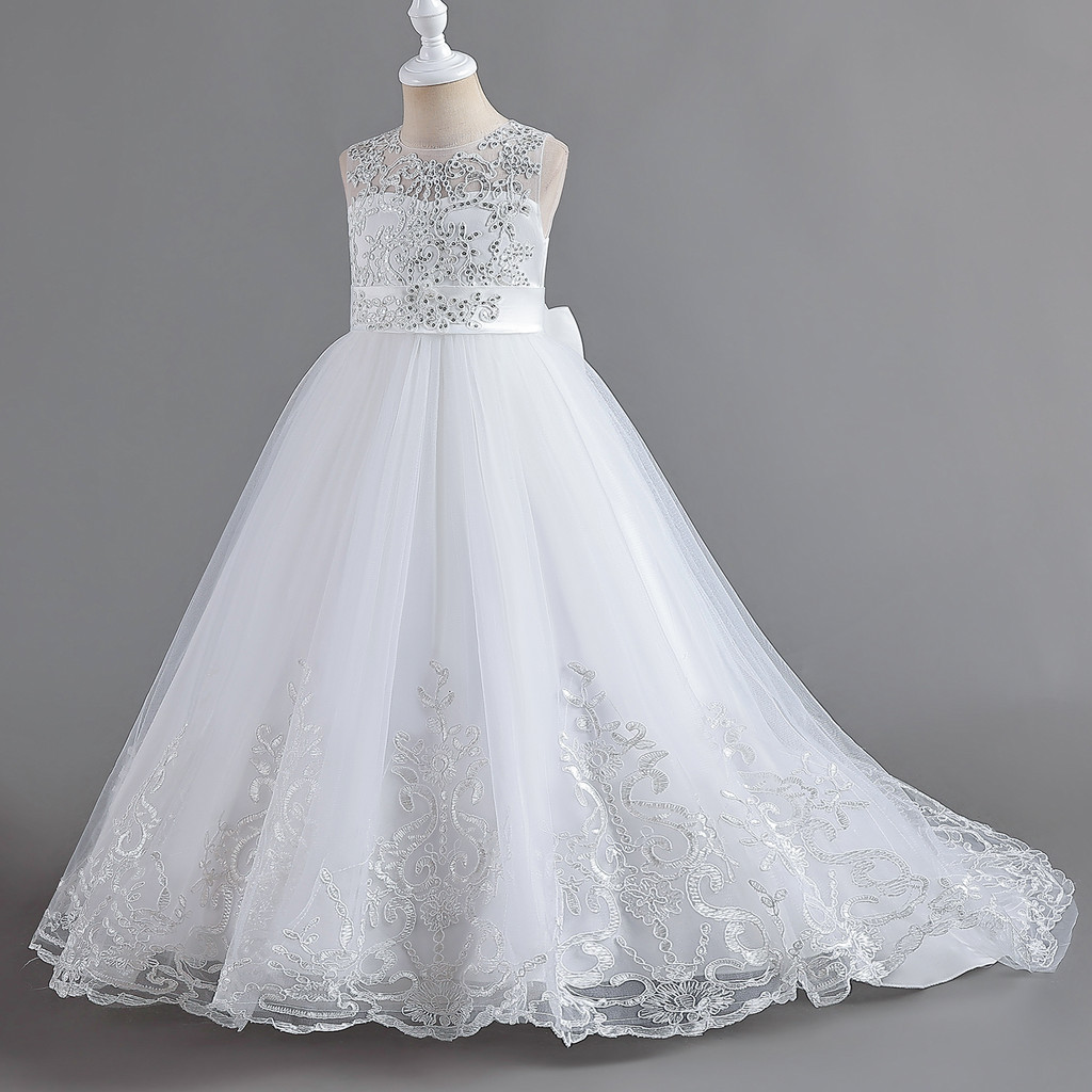 Children Princess Lace Long Dress Girls Party White Dresses Wedding ...