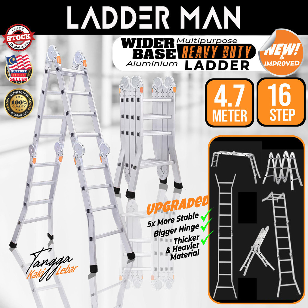 4.7M 16 Step Wider Base Heavy Duty Foldable Ladder Multipurpose ...