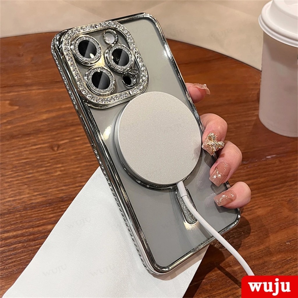 WUJU Fashion Glitter Luxury Diamond Clear Magnetic Wireless Charging Phone Case Casing ...