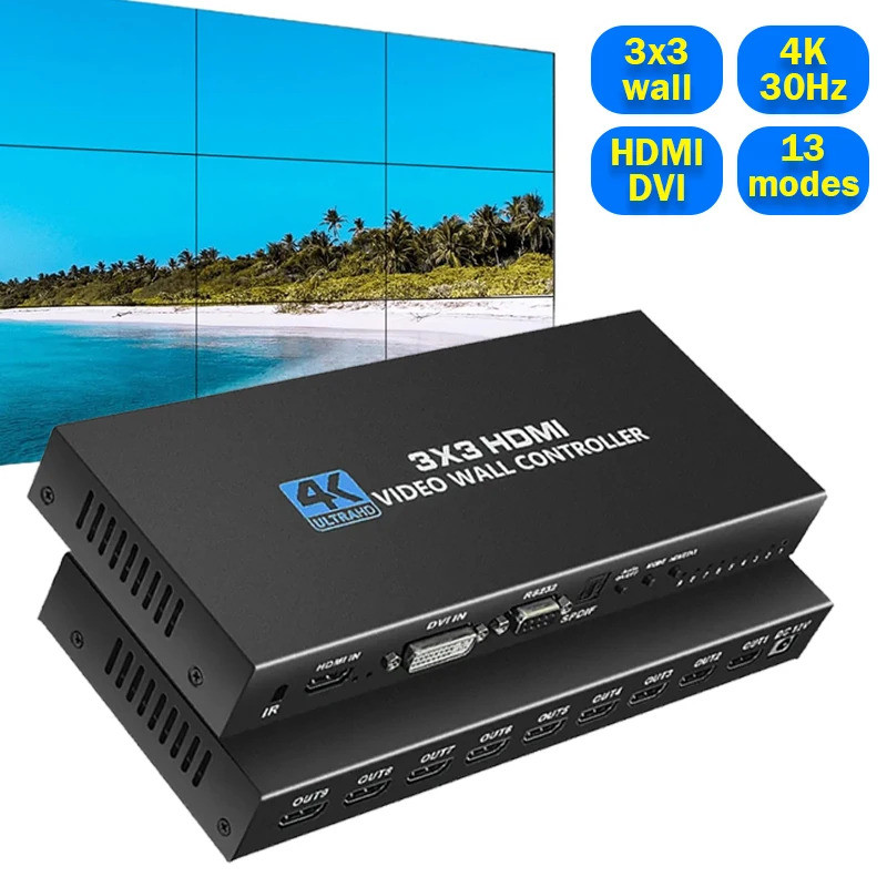 3X3 Video Wall Controller 4K HDMI DVI TV Wall Controller Processor 3x3 2x3 2x4 4x2 LCD 9 Screen ...