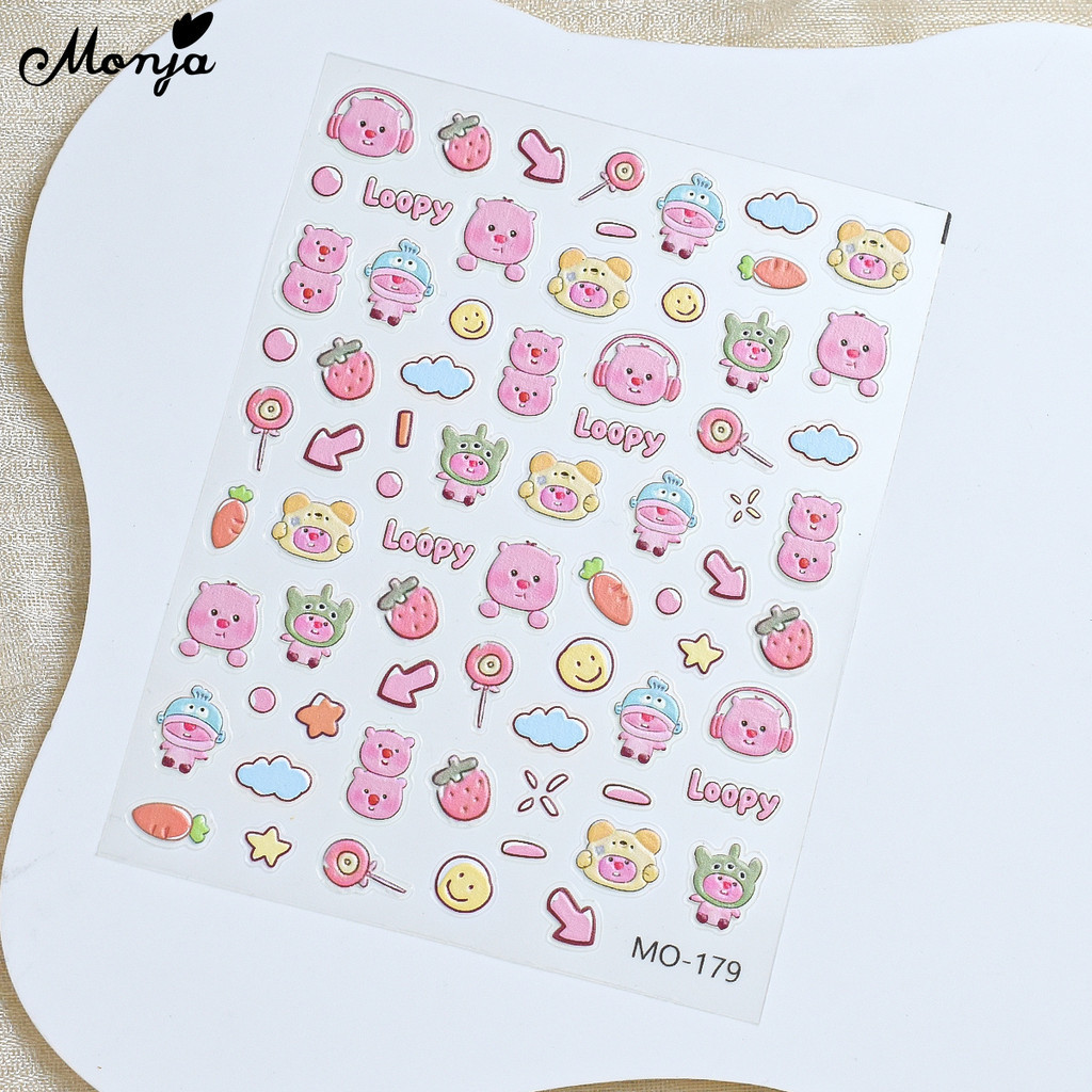 Monja 3D Embossed Nail Art Sticker Cartoon Cute Bunny Bear Strawberry ...