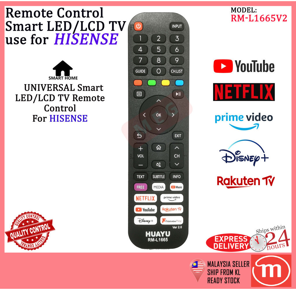 HISENSE SMART TV REMOTE CONTROL NETFLIX / YOUTUBE HUAYU RM-L1665V2 ...