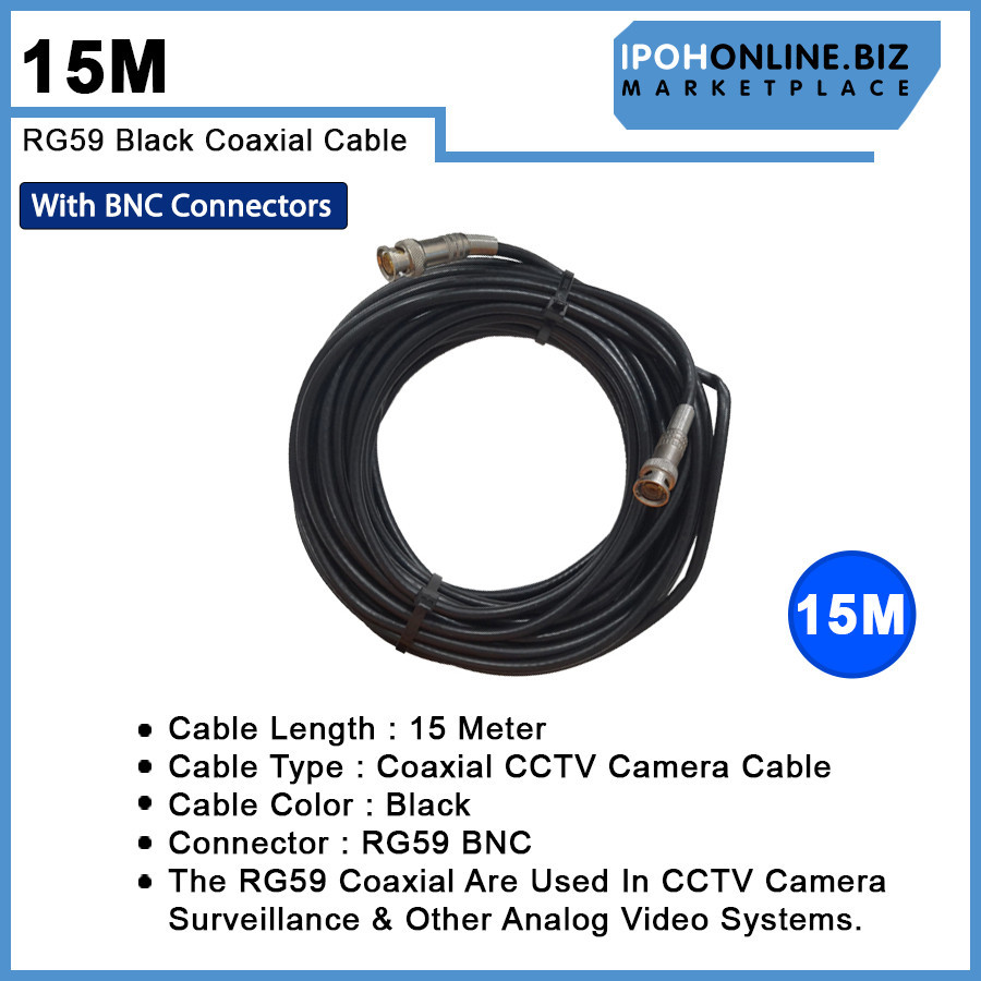 15M RG59 Black Coaxial CCTV Camera Cable With BNC Connectors | Shopee ...