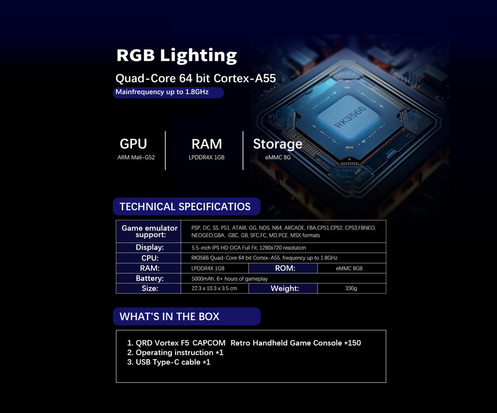 QRD Vortex F5 Retro Handheld Game Console 5.5 Inch IPS Screen Linux ...