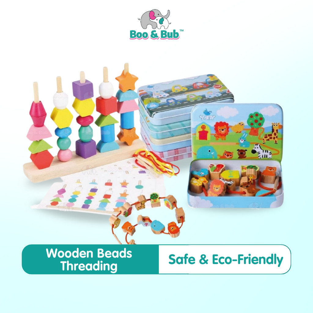 Baby Wooden Beads String with Metal Box Threading Toy Lacing Beads ...