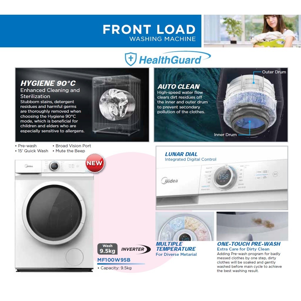 Midea 9.5KG Front Loading Washing Machine MF100W95B | Shopee Malaysia