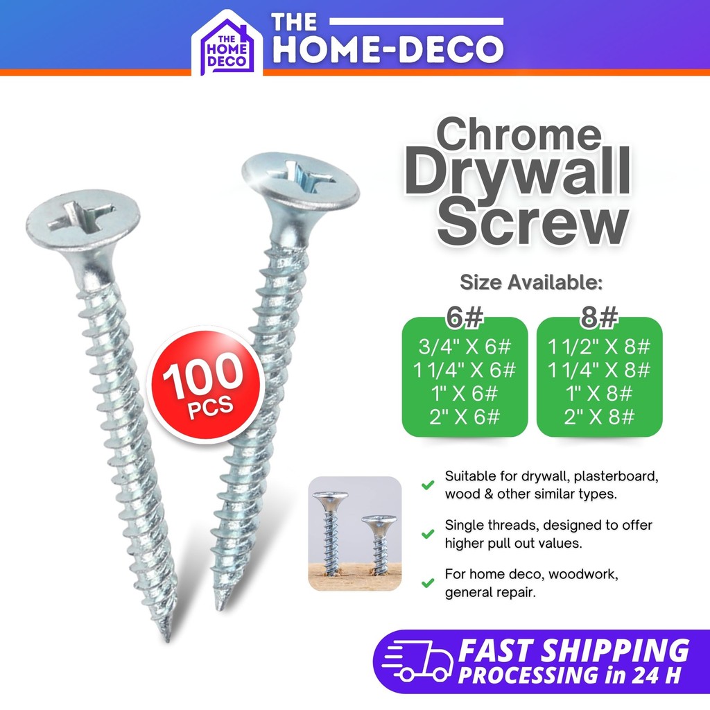 100PCS 6# / 8# Chrome Drywall Screw Plaster Board Plywood Sharp Screw ...