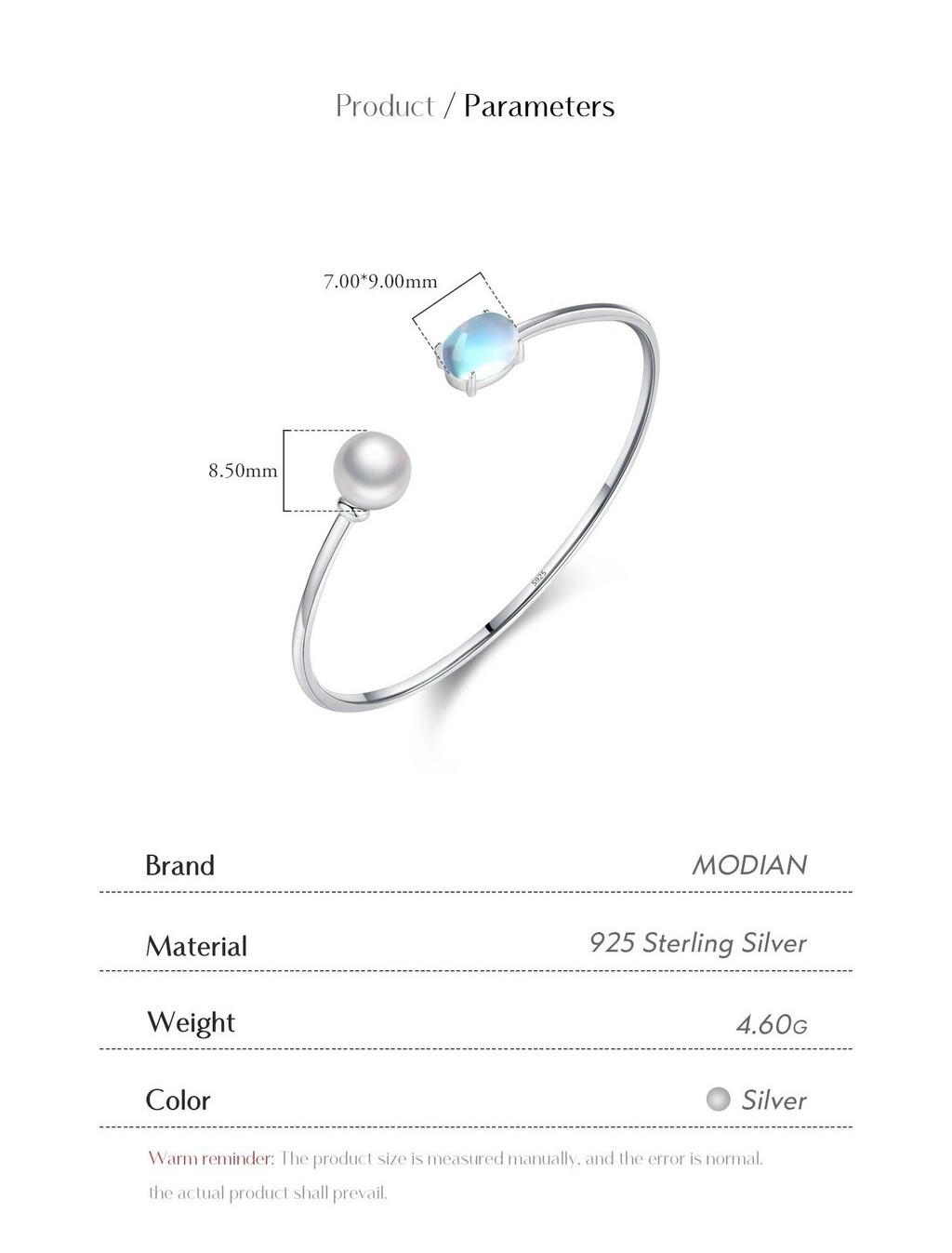 MODIAN Crystal Pearl Bracelets 925 Sterling Silver Adjustable Oval Moonstone Bangle Bracelets ...