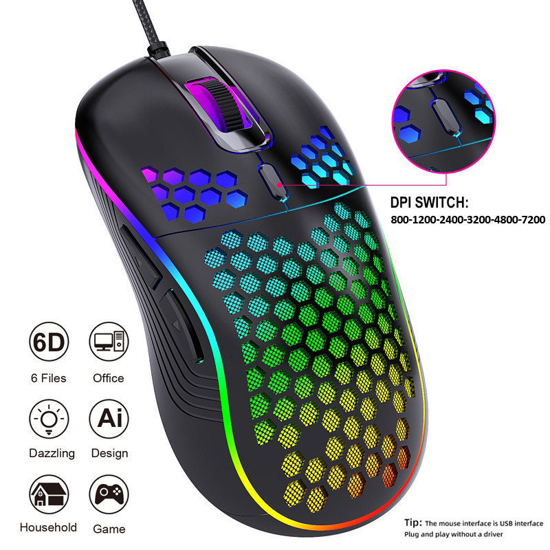【MY Stock】Gaming Mouse RGB LED Backlit Wired Mouse Hollow-out Honeycomb ...