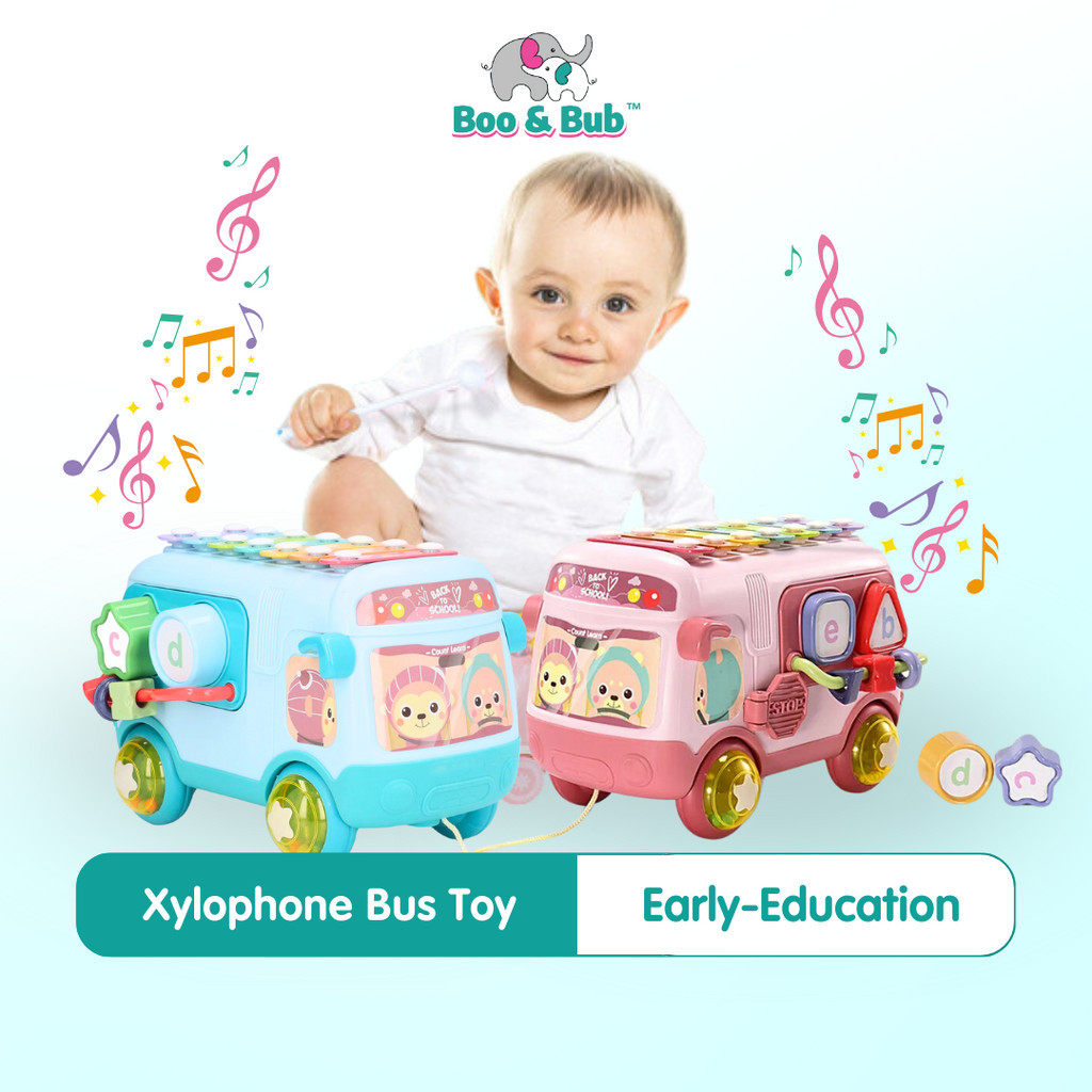 Boo&Bub Xylophone Bus Toy Shape Matching Piano Toys Pull Car Elephant ...