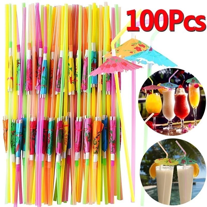 100PCS Umbrella Cocktail Drinking Straws Tropical Hawaiian Party Juice ...