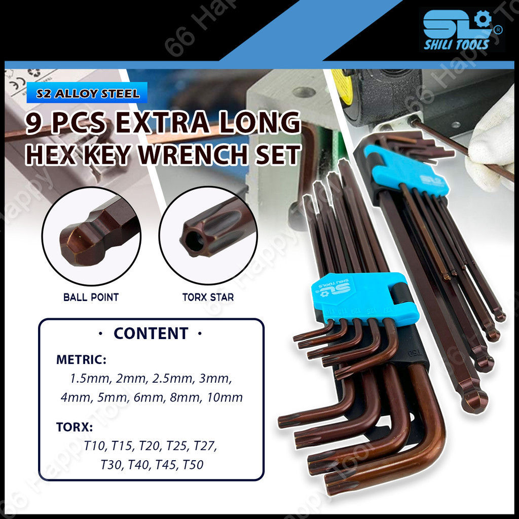 Shili Tools 9pcs Ball Point Hex Torx Allen Key Set Extra Long Wrench ...