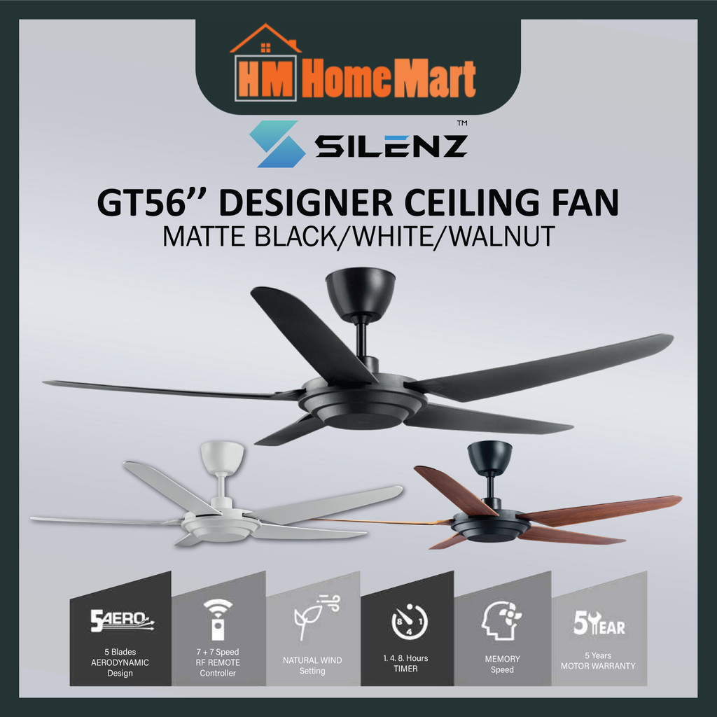 Silenz GT Series 56" DC Motor Ceiling Fan (Matt Black/White/Walnut) (5 ...