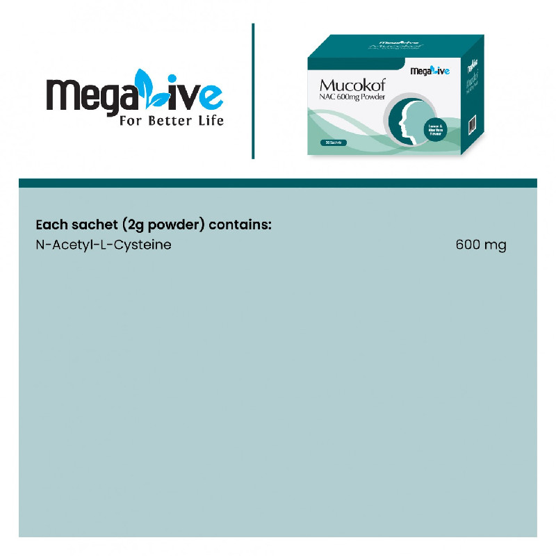 MegaLive Mucokof NAC N-Acetyl-L-Cysteing 600mg Powder (30sachets) Lemon ...