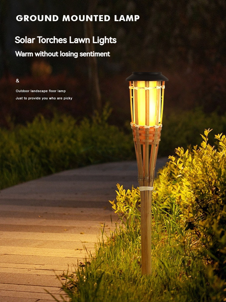 natural craft Bamboo Solar Torch Light Flickering Flame Garden Patio ...