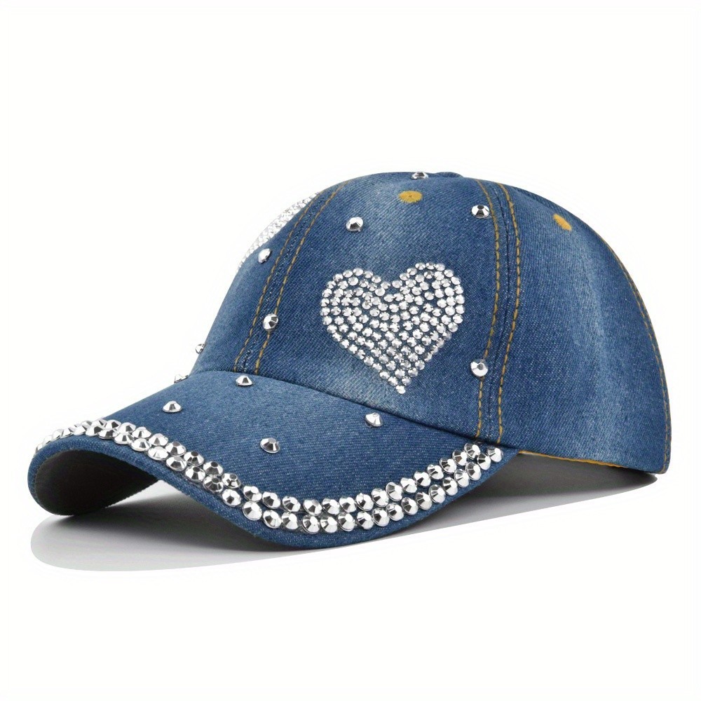 Denim duckbill cap Diamond studded cap Hip Hop Hat Heart shaped ...