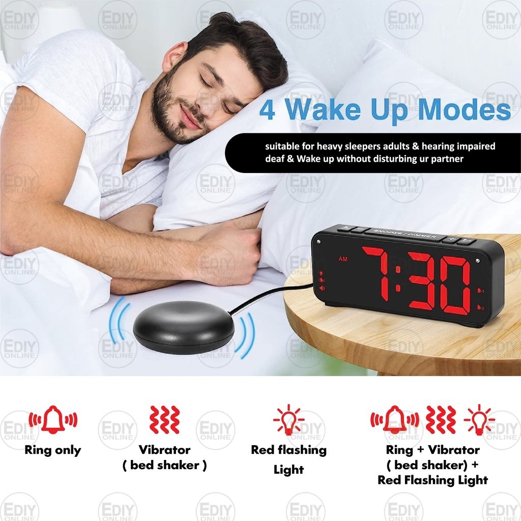 Vibration Digital LED Loud Alarm Clock Heavy Sleepers Adult Deaf ...