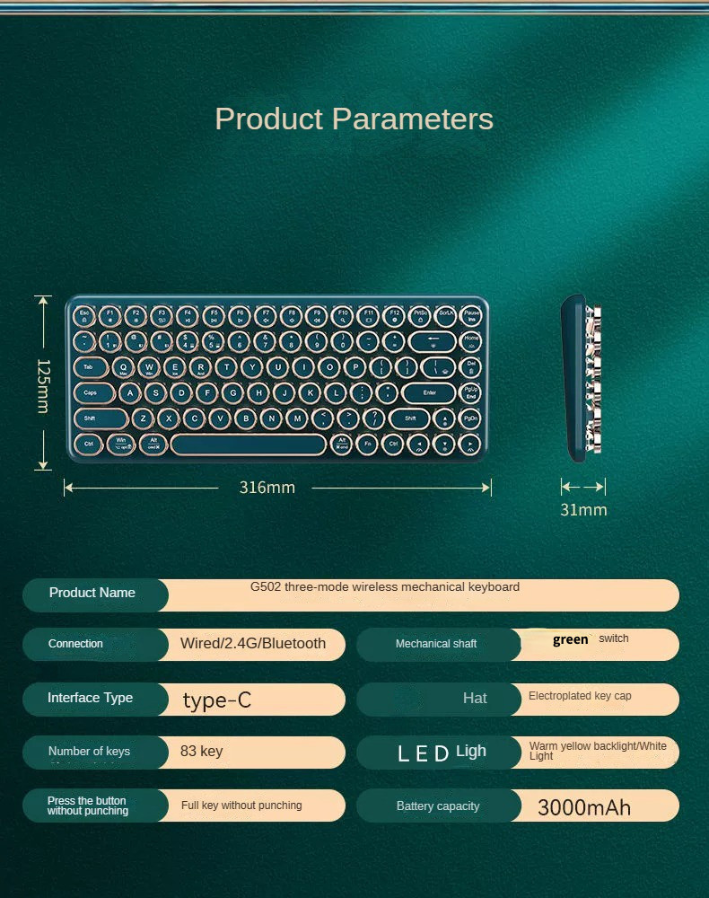 BOW Steampunk Mechanical Keyboard Wireless Bluetooth 3 Mode Vintage ...