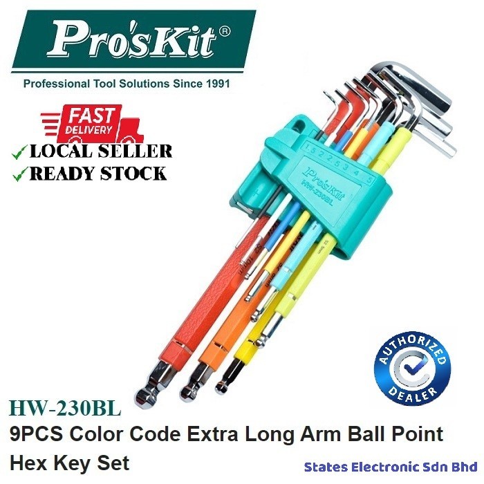Pro'sKit HW-230BL 9PCS Colour Coded Extra Long Arm Ball Point Hex Key Set (Metric) | Shopee Malaysia