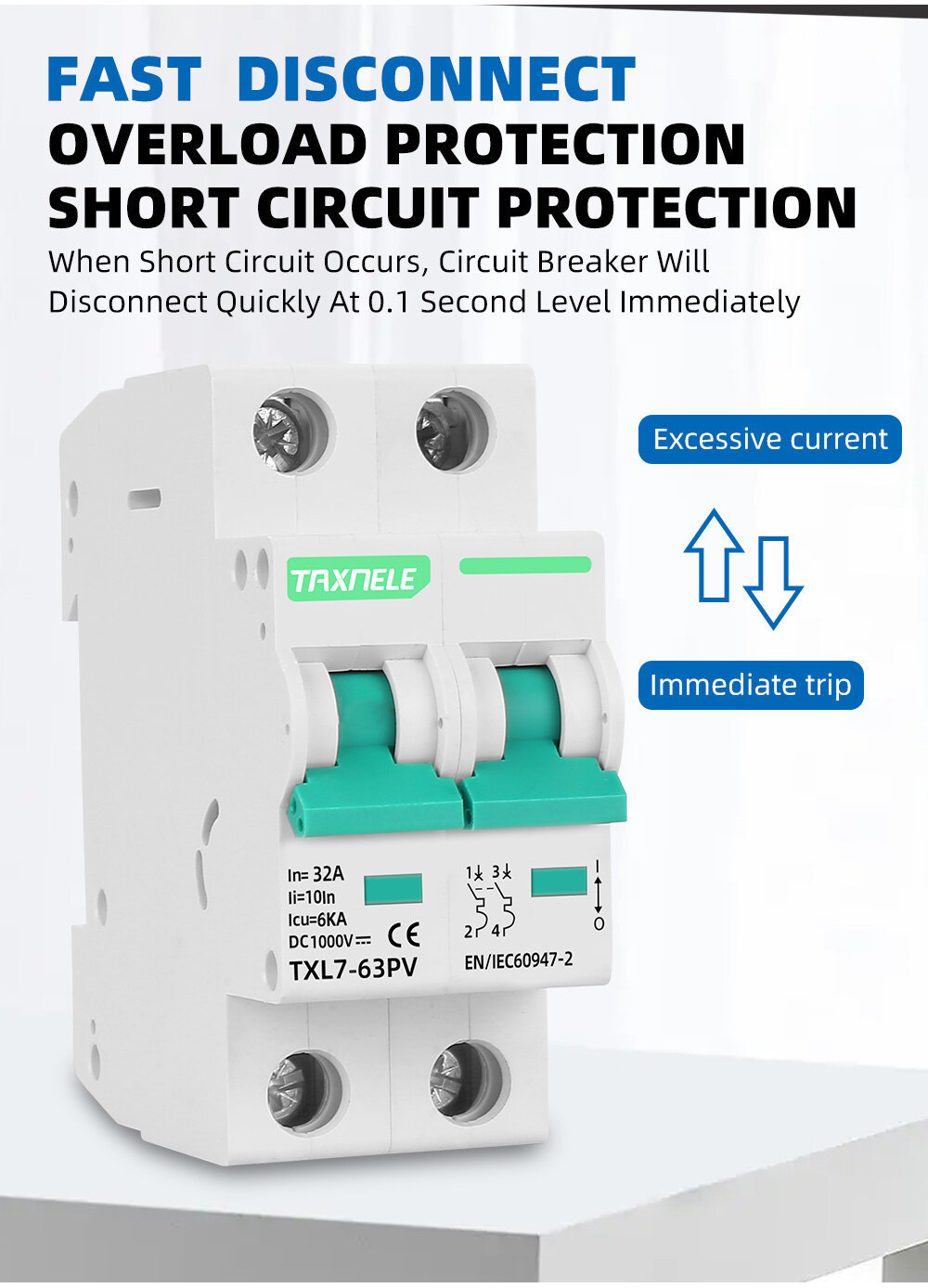 TAXNELE TXL7-63PV 2P 10A 16A 20A 25A 32A 40A 50A 63A DC MCB L7 Solar PV Mini Circuit Breaker DC ...