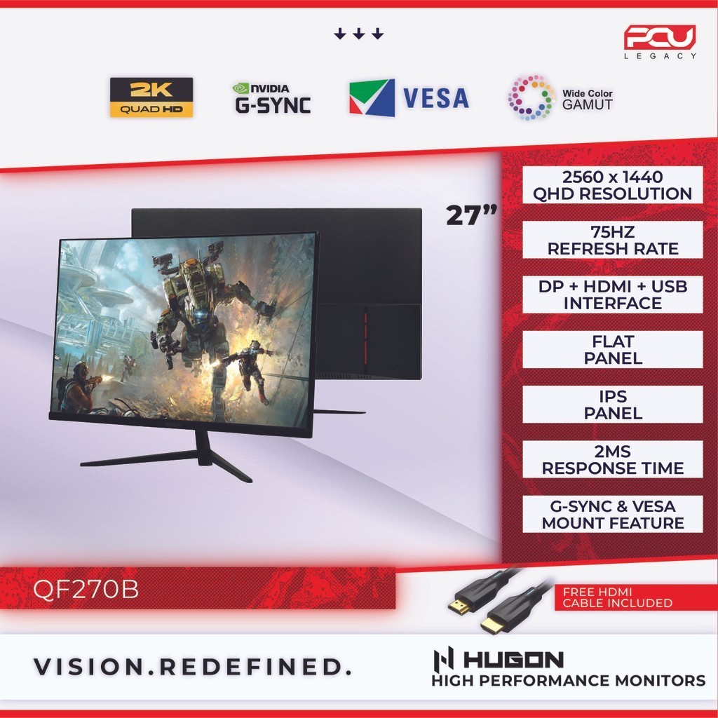 HUGON FLAT 27' 75Hz BLACK 2K QHD HIGH PERFOMANCE GAMING MONITOR ...