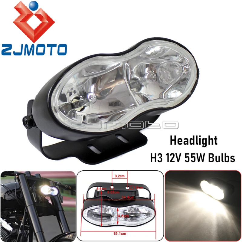 Motorcycle Double Twin Headlight Cat Eye Headlamp Oval Wave Halogen ...