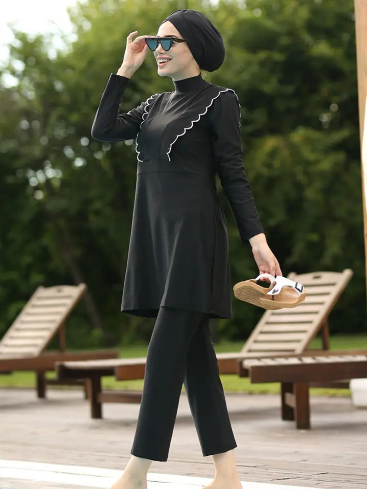 Black Ruffle Muslim Swimwear Burkini 3pcs with Bra Padding Hijab Long ...