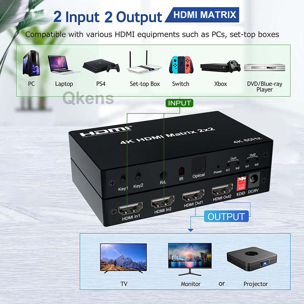 New 4K 60Hz 2x2 HDMI Matrix 2 in 2 Out HDMI Switcher Splitter Audio ...