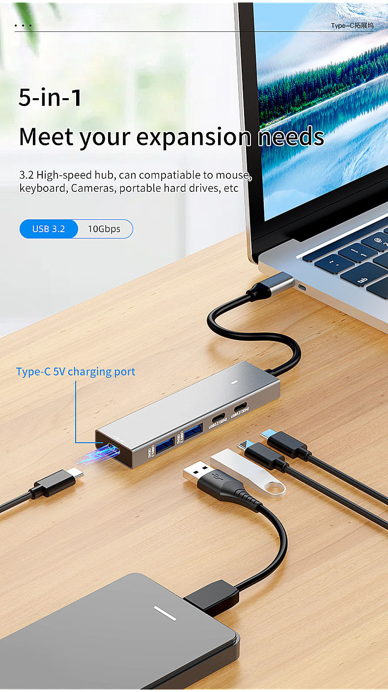 USB C HUB 5 in 1 Ultrahigh speed 10Gbps USB 3.2 GEN 2 Expansion Dock ...