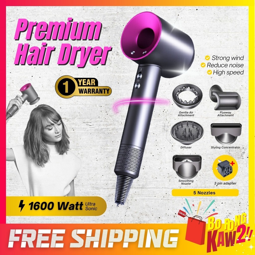 3 Level Wind 1600W High Speed Super Hair Dryer with 5 Nozzle Household ...
