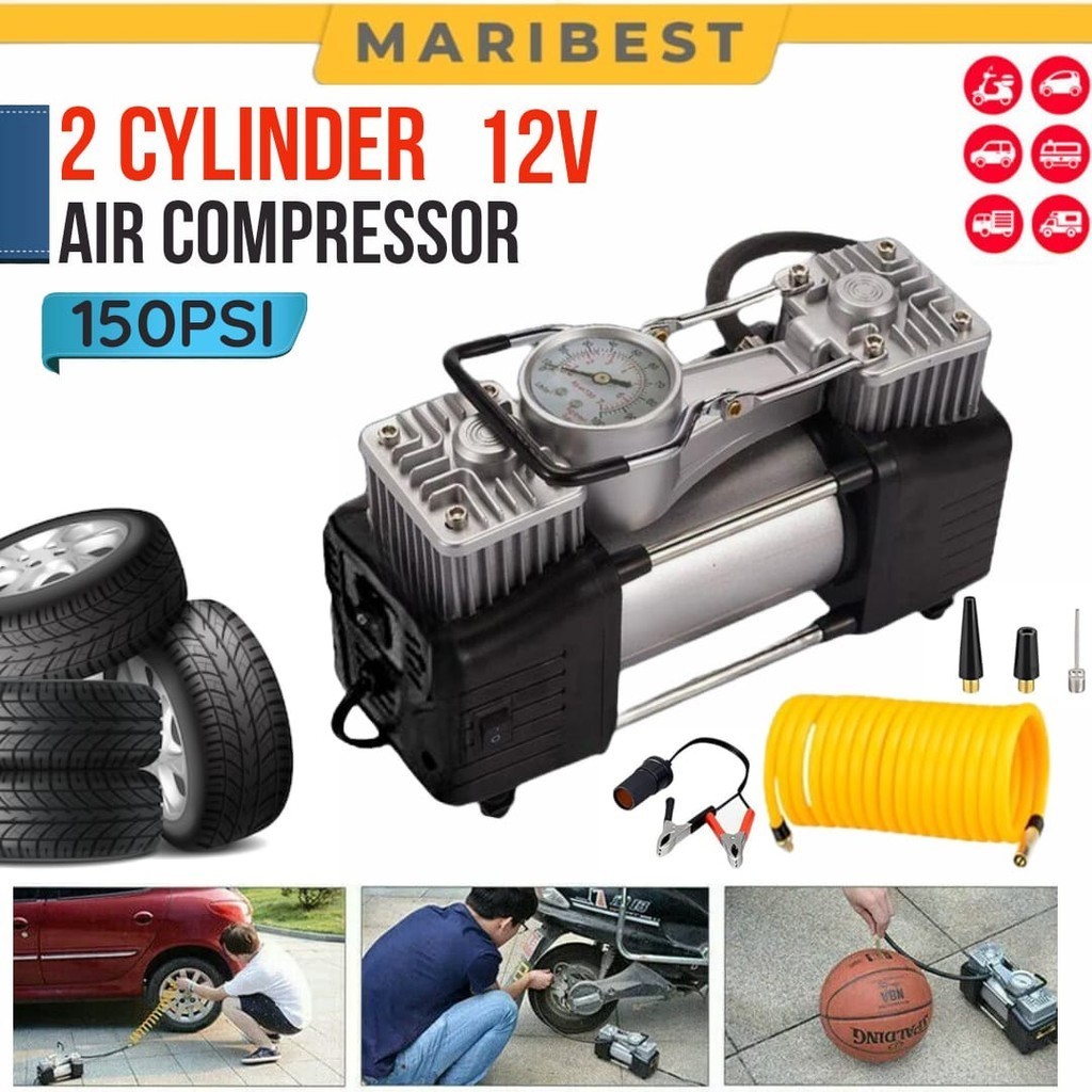 YT-202 Portable Car Compressor Pump Heavy Duty Double Cylinder Electric ...