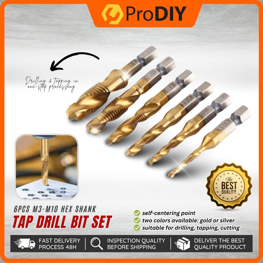 6pcs M3-M10 Titanium Plated Hex Shank Tap Drill Bit Set HSS Composite ...