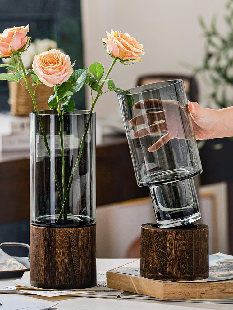 Simple And Creative Wooden Support Glass Vase Straight Silver Willow ...