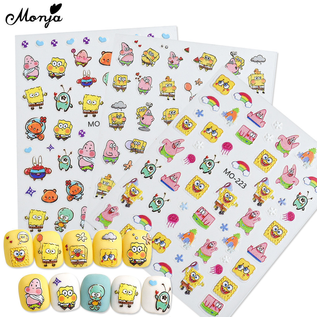 Monja 3D Embossed Nail Stickers Relief Cute Cartoon SpongeBob ...