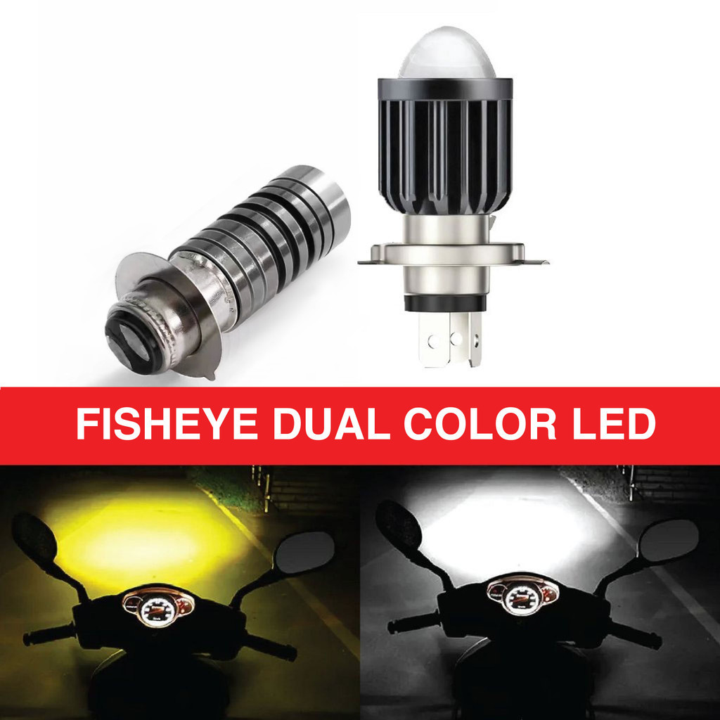 1PC H4 P15D Motorcycle Fisheye Dual Color LED Lens Headlight Bulb Hi Lo ...