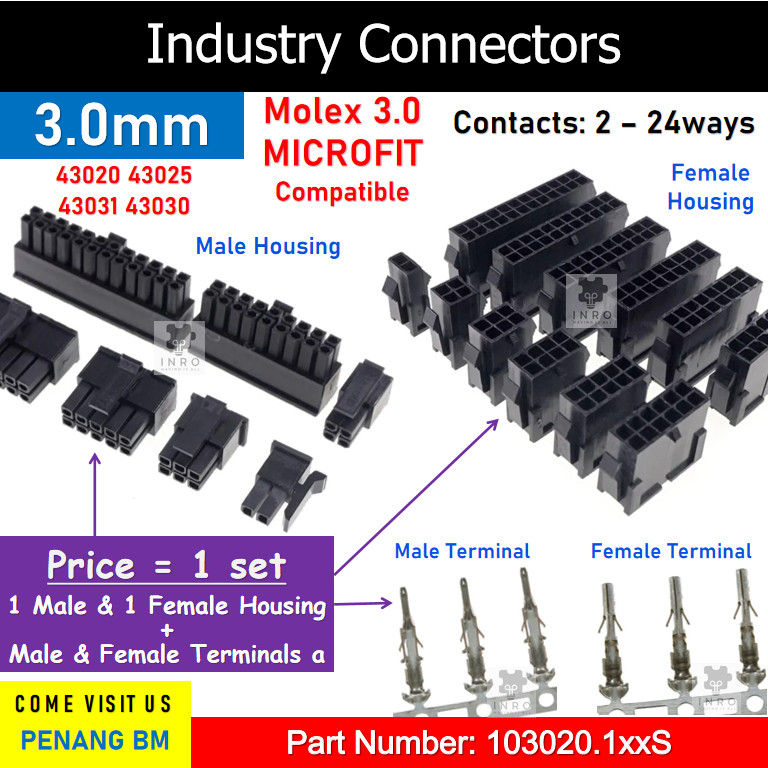 (1 SET) 3.0mm **Compatible Molex Micro-Fit 3.0 2 To 24 Pin Connector Sets Male + Female ...