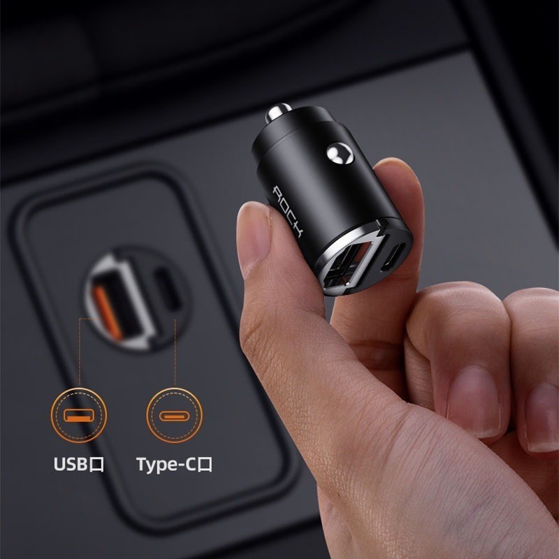 Invisible Car Charger Adapter USB Type C PD30W + QC3.0 Dual Port Metal ...