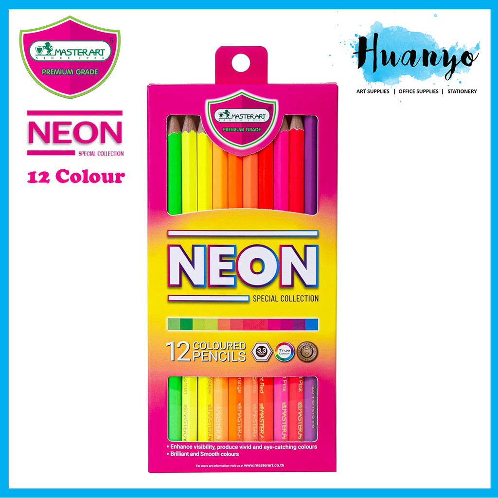 MASTER ART Neon Colour Pencils 12 Fluorescent Bright Vibrant Color Set ...