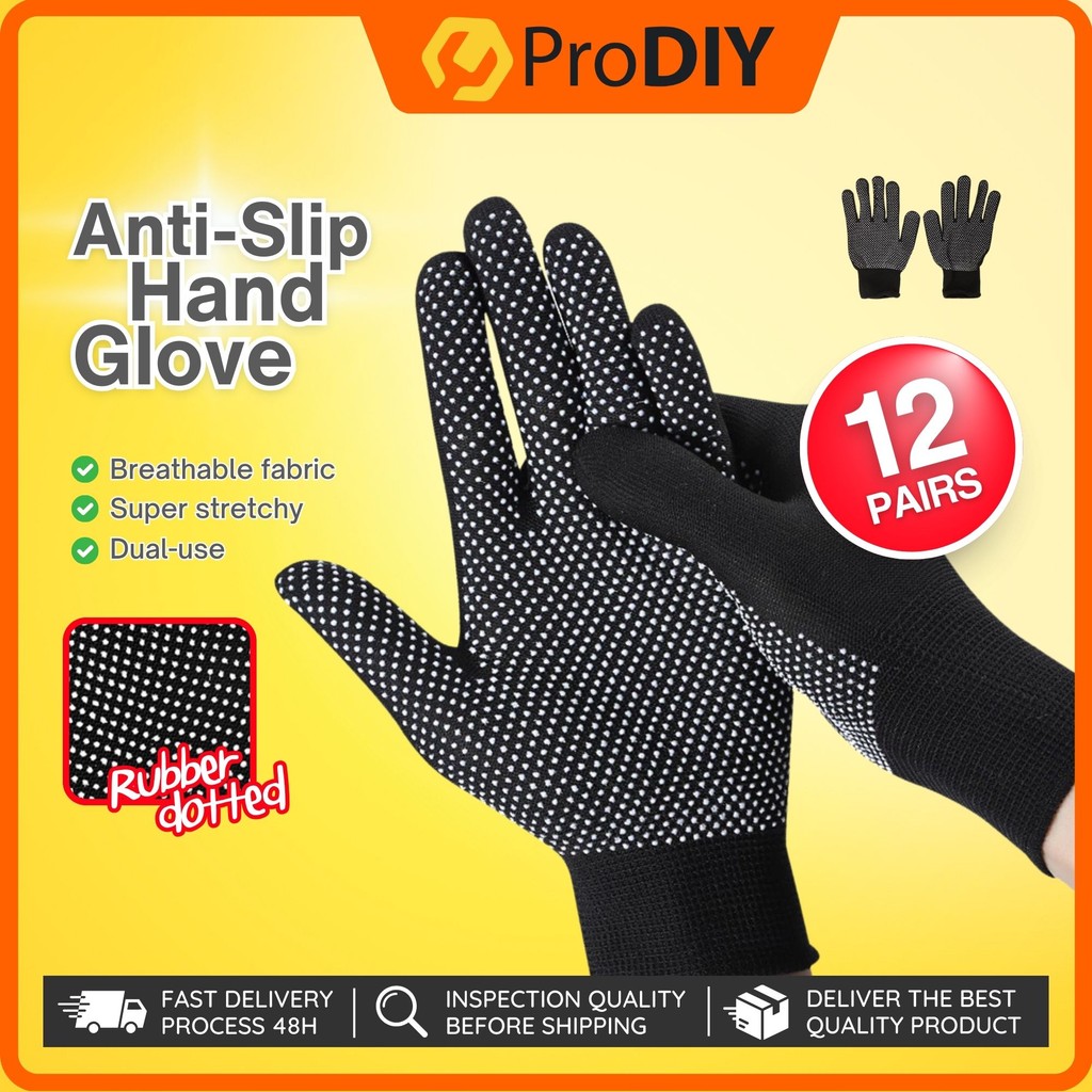 12 Pairs Black Glove Anti-slip Industrial Grip Safety Breathable 2-Way ...