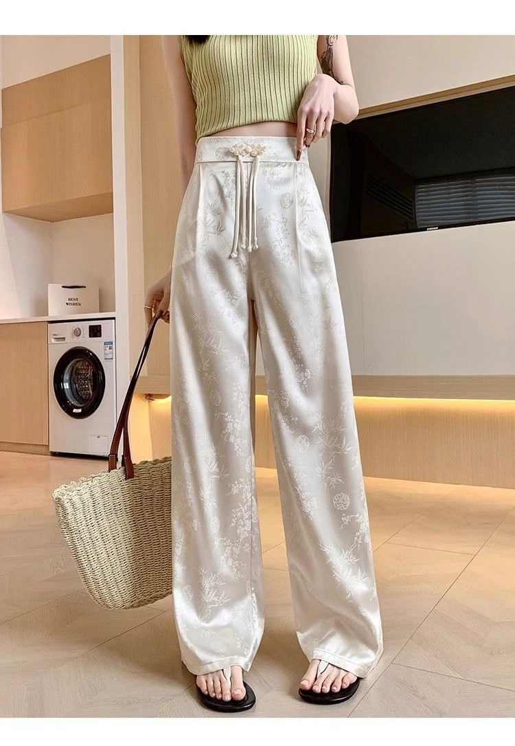New White Chinese Style Satin Wide-Leg Pants Women's Spring and Summer ...