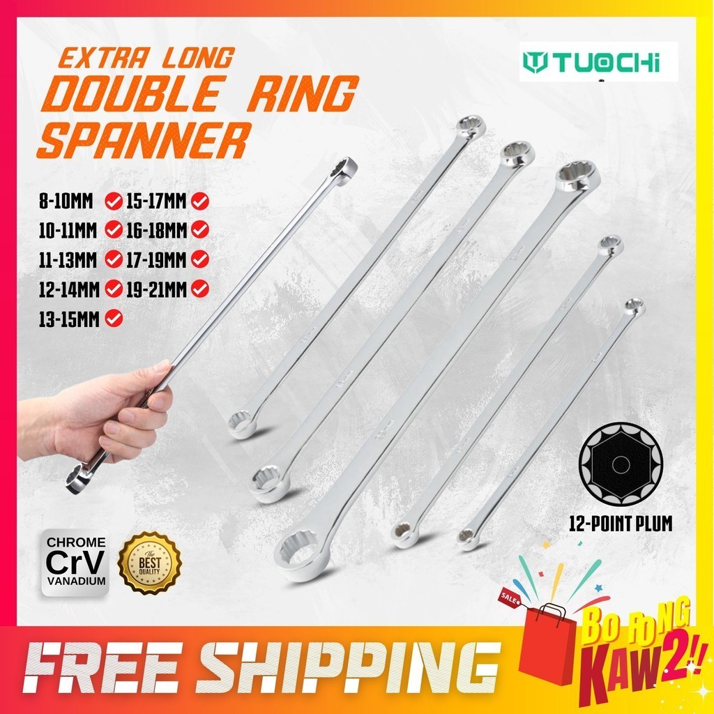 TUOCHI Extra Long Double Ring Spanner (12 Point) Offset Ring Wrench ...