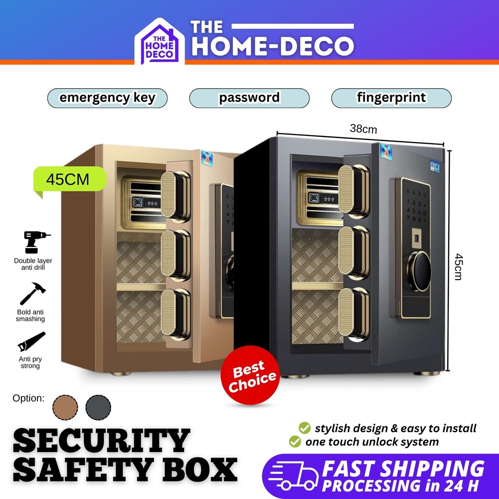 Digital Safety Box With Fingerprint Lock Password Emergency Key 45CM Security Box Peti Besi ...