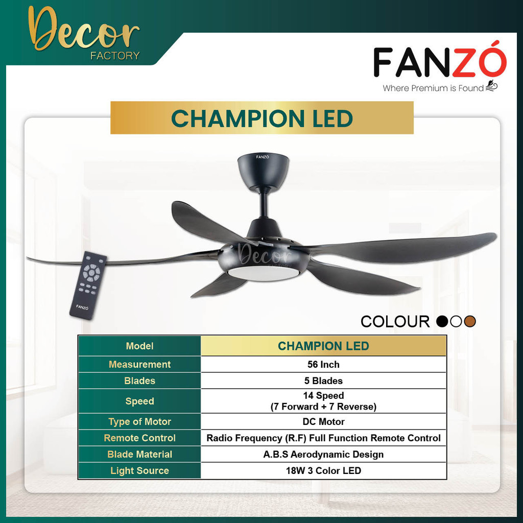 FANZÓ Fan FANZO CHAMPION LED Fan [NEW2024] 56" 5 Blades 7 Speed DC ...